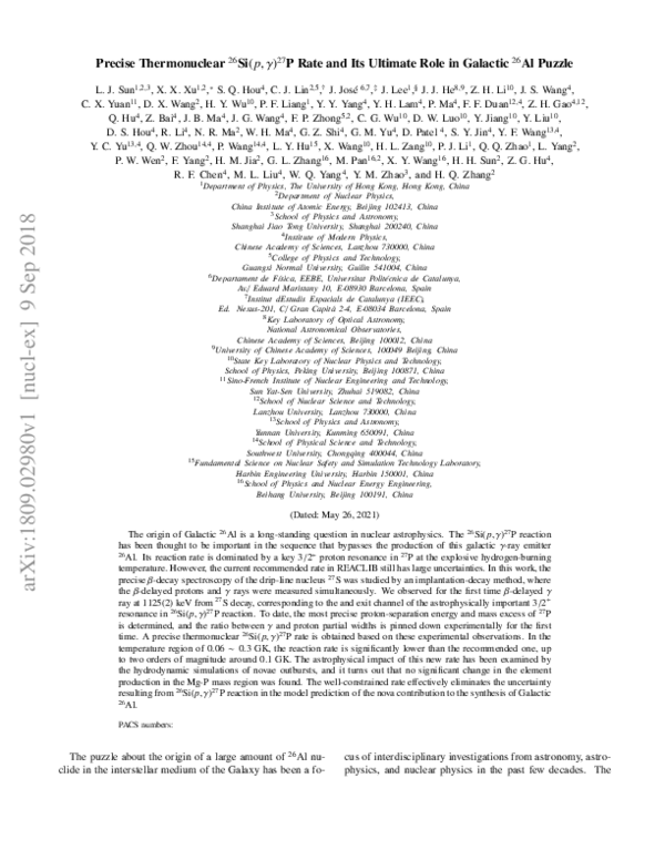 (PDF) Precise Thermonuclear ^26Si(p,γ)^27P Rate and Its Ultimate Role ...