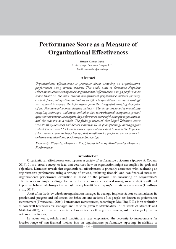 (PDF) Performance Score as a Measure of Organizational Effectiveness