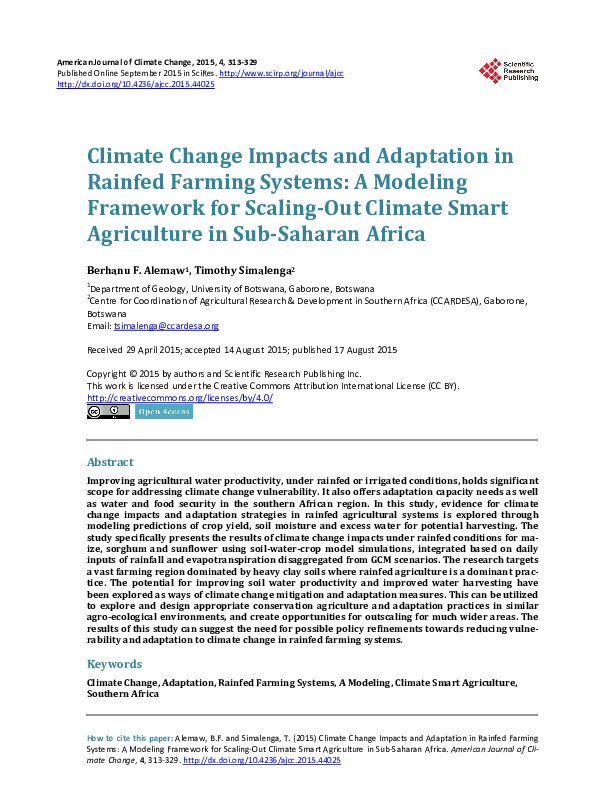 Climate Change Impacts and Adaptation in Rainfed Farming Systems: A Modeling Framework for ...