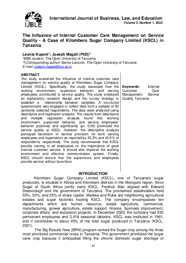 (PDF) The Influence of Internal Customer Care Management on Service ...