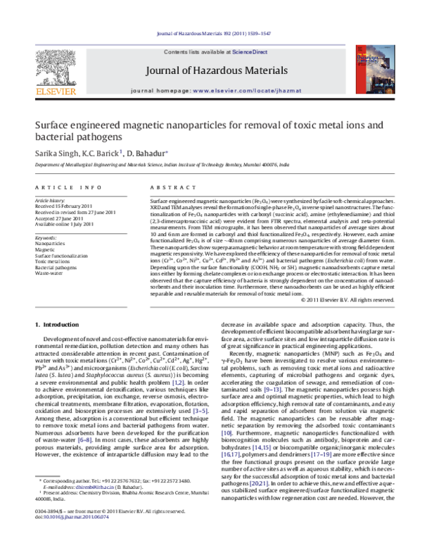 (PDF) Surface engineered magnetic nanoparticles for removal of toxic ...