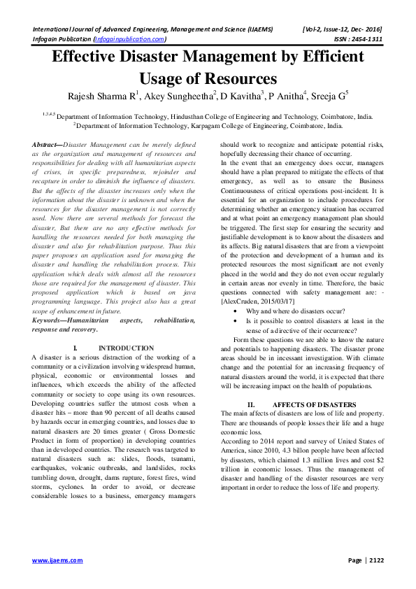 (PDF) Effective Disaster Management by Efficient Usage of Resources