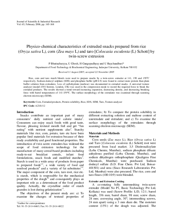 (PDF) Physico-chemical characteristics of extruded snacks prepared from rice (Oryza sativa L ...
