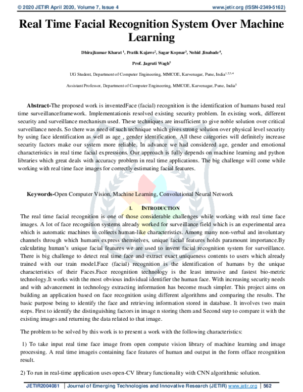 (PDF) Real Time Facial Recognition System OverMachine Learning