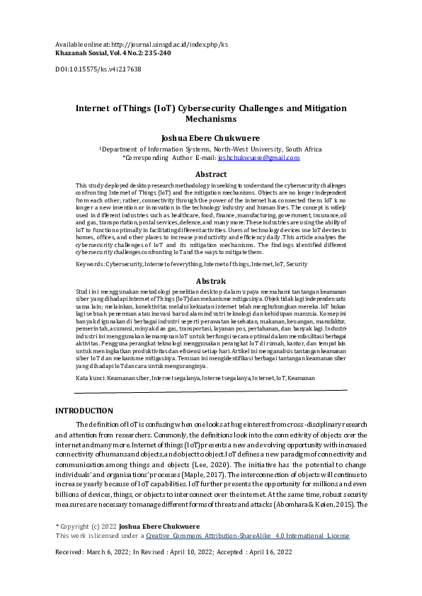 (PDF) Internet of Things (IoT) Cybersecurity Challenges and Mitigation Mechanisms