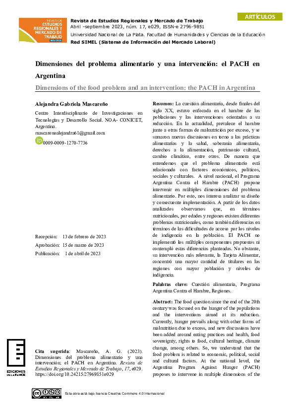 (PDF) Dimensiones del problema alimentario y una intervención: el PACH en Argentina
