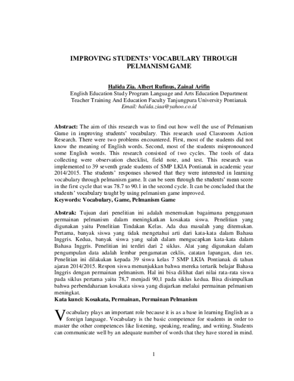 (PDF) Improving Students’ Vocabulary Through Pelmanism Game