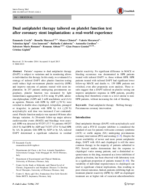 (PDF) Dual antiplatelet therapy tailored on platelet function test ...