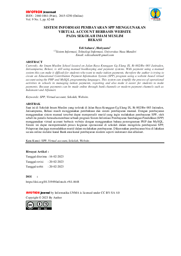 (PDF) Sistem Informasi Pembayaran SPP Menggunakan Virtual Account Berbasis Website Pada Sekolah ...