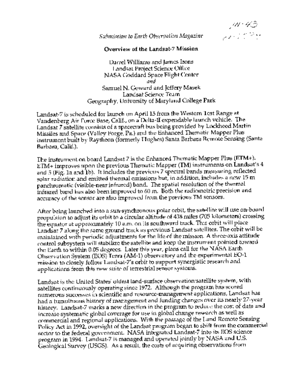 (PDF) Overview of the Landsat-7 Mission