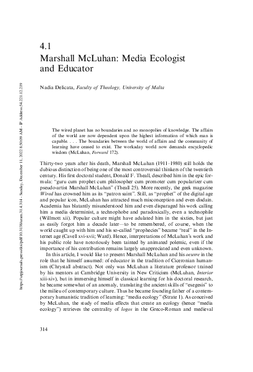 (PDF) Marshall McLuhan: Media Ecologist and Educator