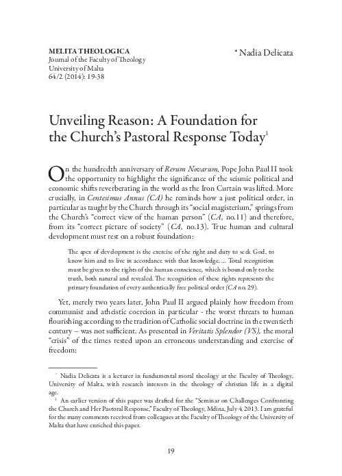 (PDF) Unveiling reason : a foundation for the Church’s pastoral ...
