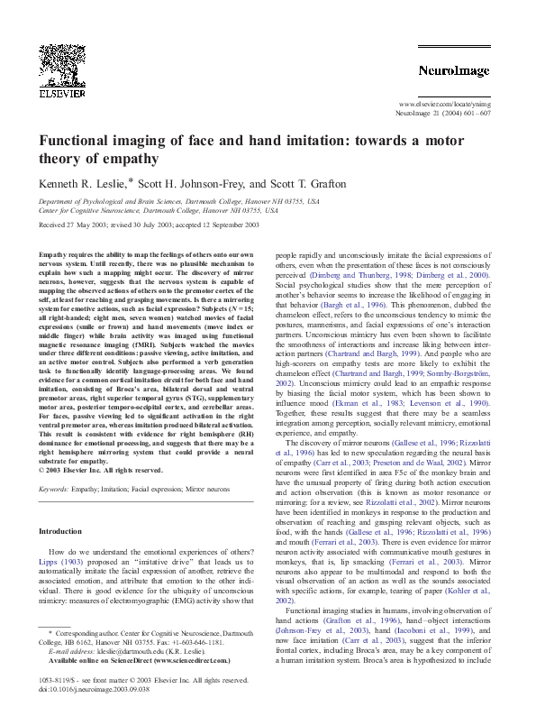 (PDF) Functional imaging of face and hand imitation: towards a motor ...