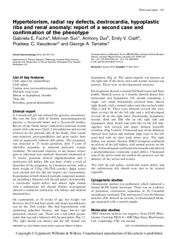 (PDF) Hypertelorism, radial ray defects, dextrocardia, hypoplastic ribs ...