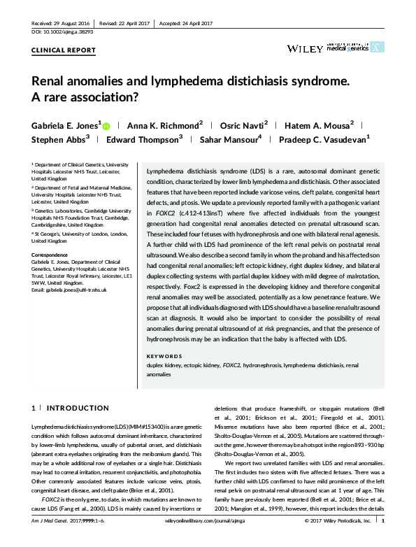 (PDF) Renal anomalies and lymphedema distichiasis syndrome. A rare ...