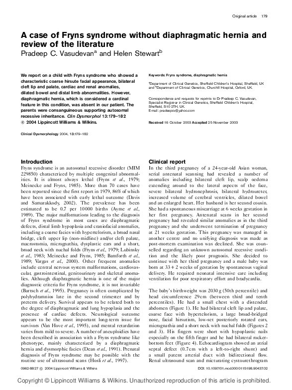 (PDF) A case of Fryns syndrome without diaphragmatic hernia and review ...