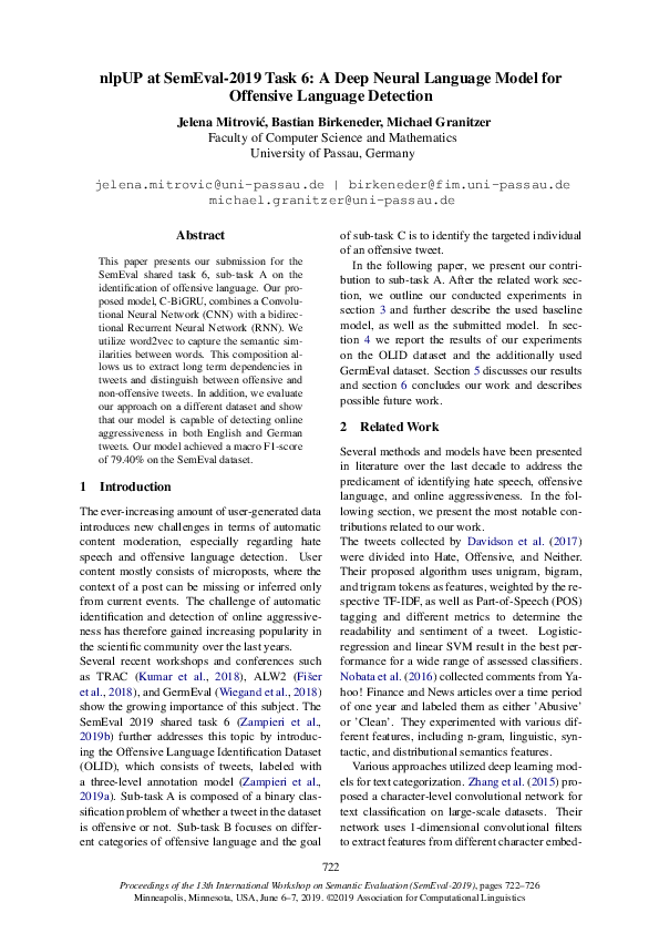 Pdf Nlpup At Semeval 2019 Task 6 A Deep Neural Language Model For Offensive Language Detection