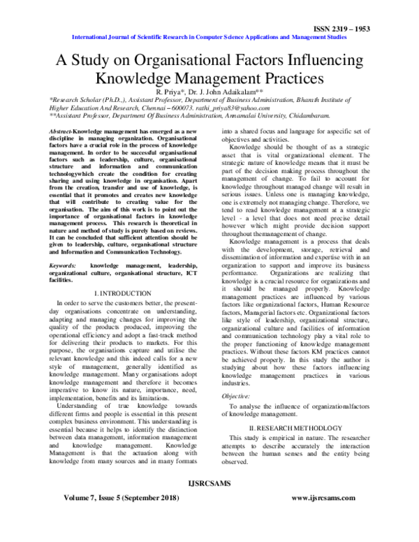 (PDF) A Study on Organisational Factors Influencing Knowledge Management Practices