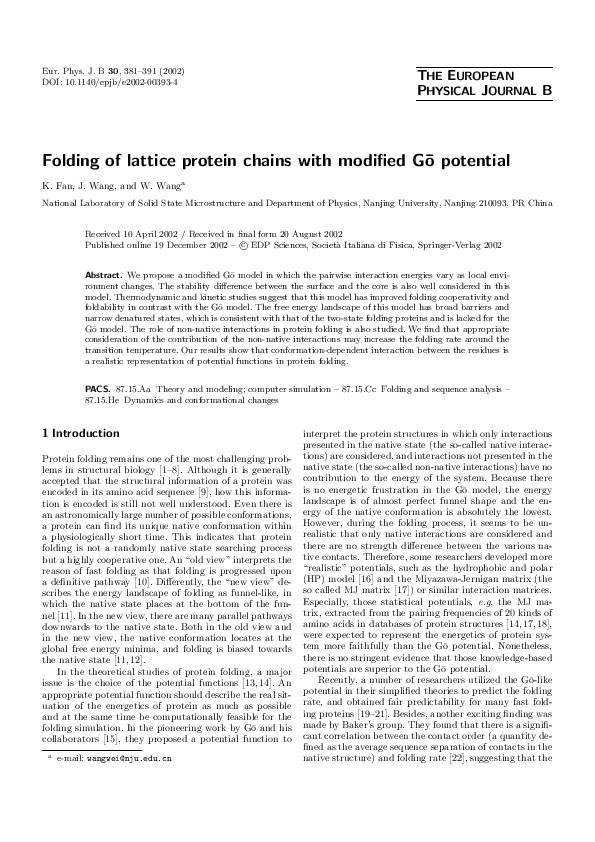 (PDF) Folding of lattice protein chains with modified Gō potential