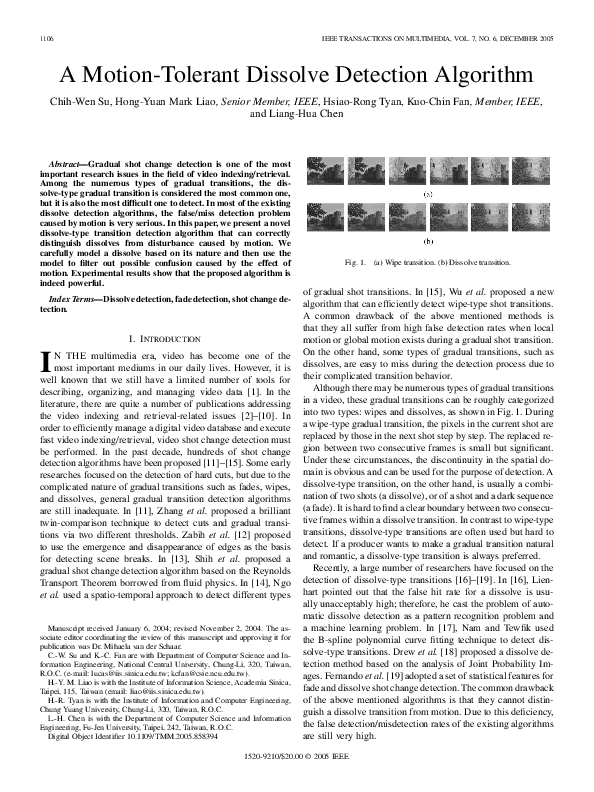(PDF) A motion-tolerant dissolve detection algorithm | Kuo-chin Fan - Academia.edu