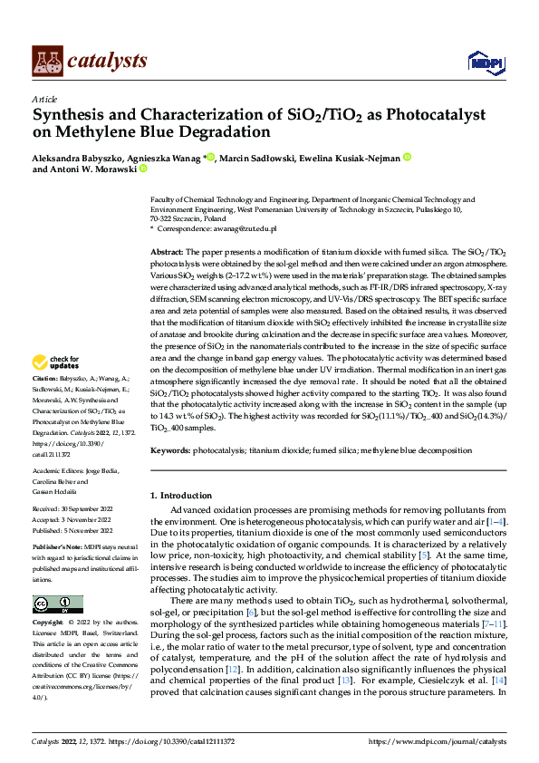 (PDF) Synthesis and Characterization of SiO2/TiO2 as Photocatalyst on Methylene Blue Degradation