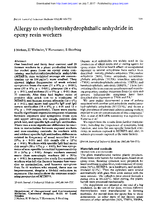 (PDF) Allergy to methyltetrahydrophthalic anhydride in epoxy resin workers