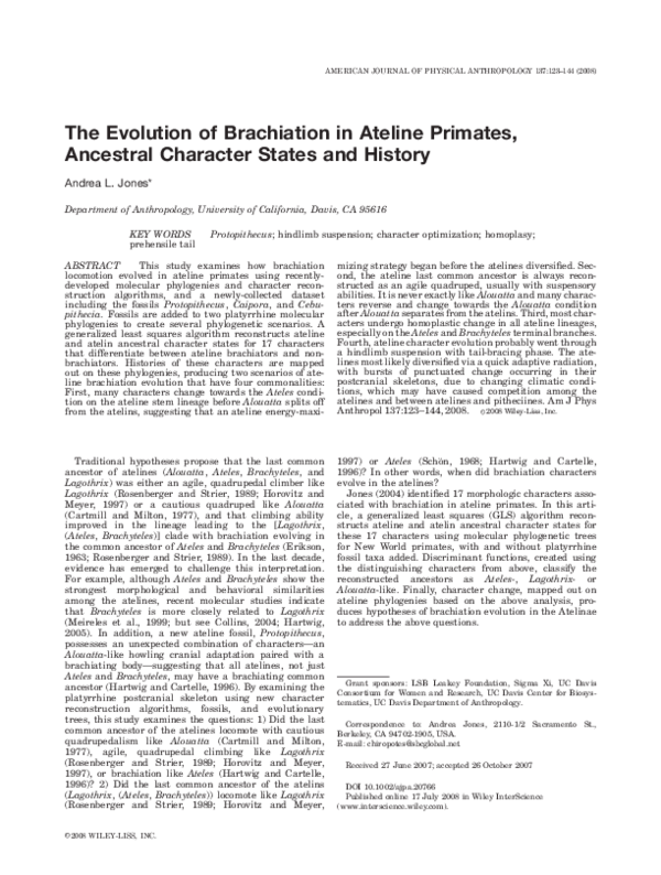 (PDF) The Evolution of Brachiation In Ateline Primates, Ancestral ...