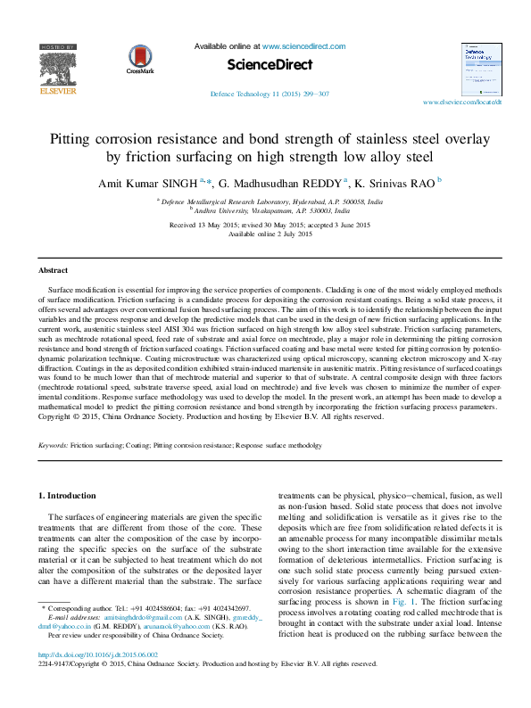 (PDF) Pitting corrosion resistance and bond strength of stainless steel overlay by friction ...