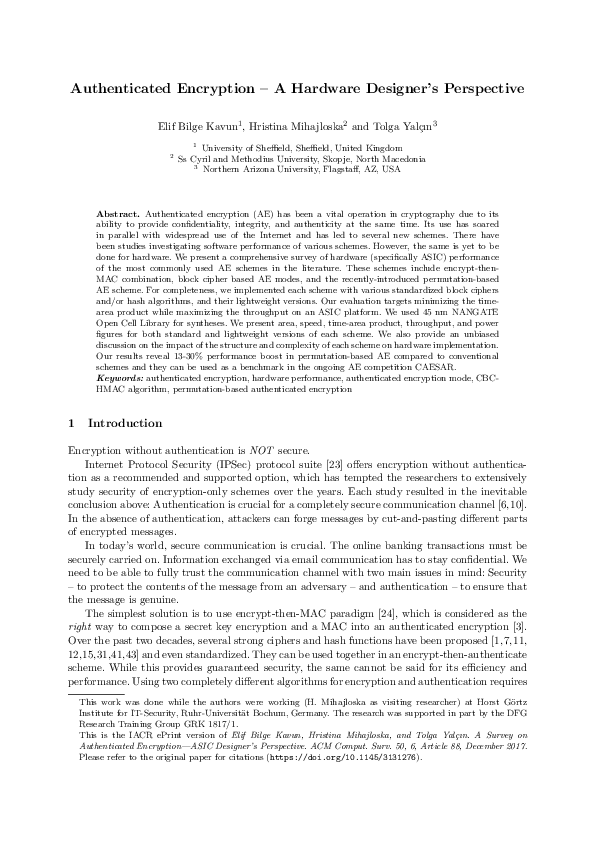 (PDF) Authenticated Encryption – A Hardware Designer ’ s Perspective