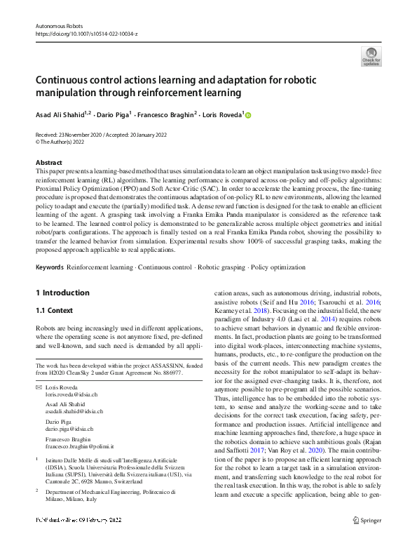 (PDF) Continuous control actions learning and adaptation for robotic manipulation through ...