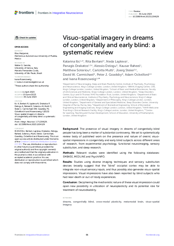 Pdf Visuo Spatial Imagery In Dreams Of Congenitally And Early Blind A Systematic Review