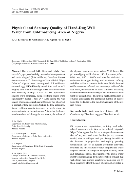 (PDF) Physical and Sanitary Quality of Hand-Dug Well Water from Oil ...
