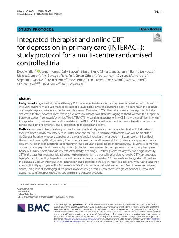 (PDF) Integrated therapist and online CBT for depression in primary ...