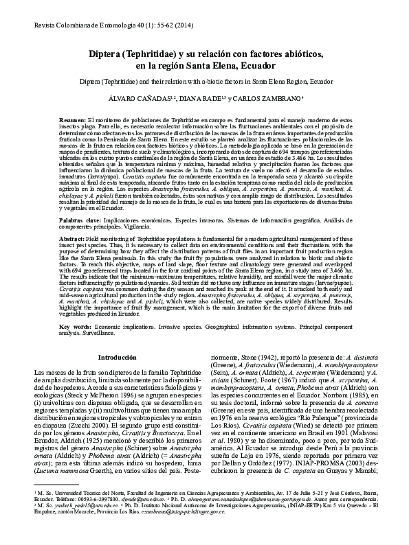 (PDF) Diptera (Tephritidae) y su relación con factores abióticos, en la región Santa Elena, Ecuador