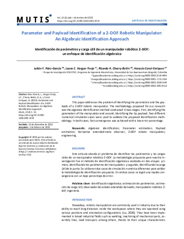 (PDF) Parameter and Payload Identification of a 2-DOF Robotic Manipulator: An Algebraic ...