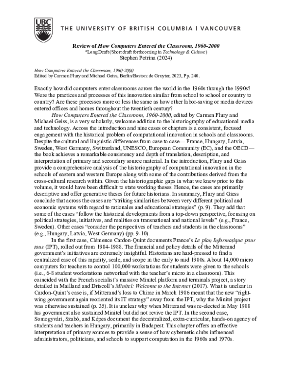 (PDF) Review of How Computers Entered the Classroom, 1960-2000