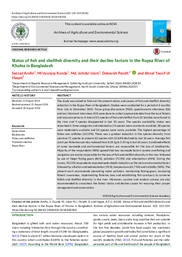 (PDF) Status of fish and shellfish diversity and their decline factors ...