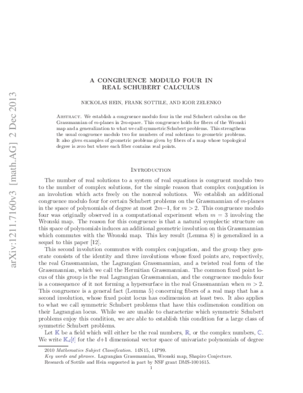 (PDF) A congruence modulo four in real Schubert calculus | Igor Zelenko - Academia.edu