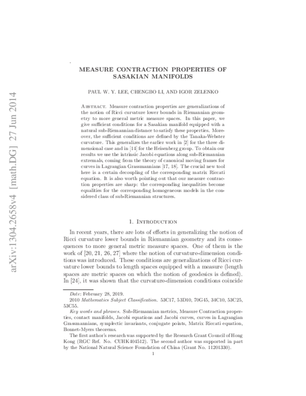 (PDF) Measure Contraction Properties of Sasakian Manifolds