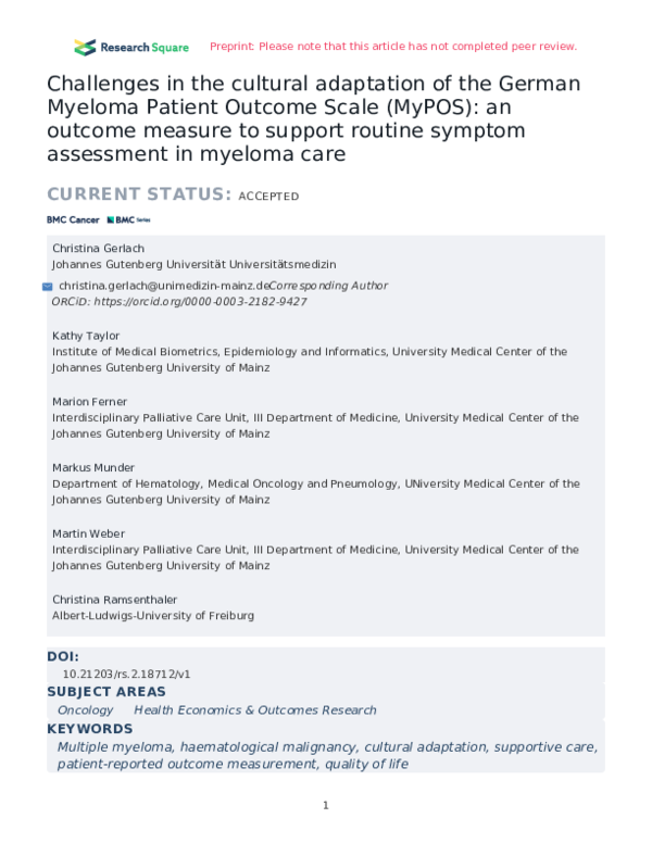 (PDF) Challenges in the cultural adaptation of the German Myeloma ...