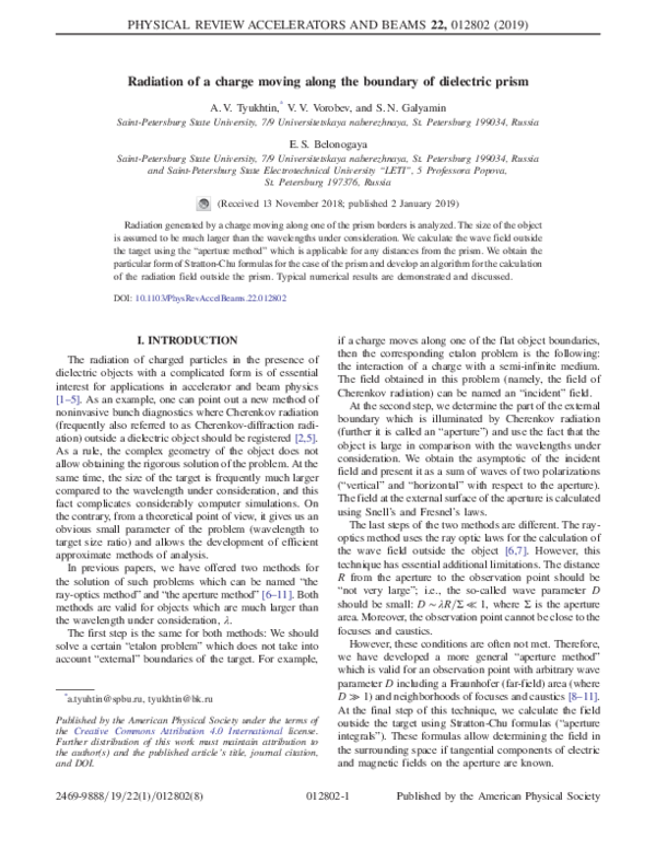 (PDF) Radiation of a charge moving along the boundary of dielectric prism