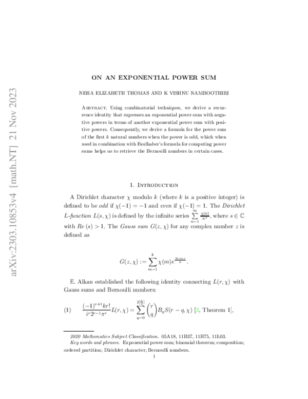 (PDF) On an exponential power sum