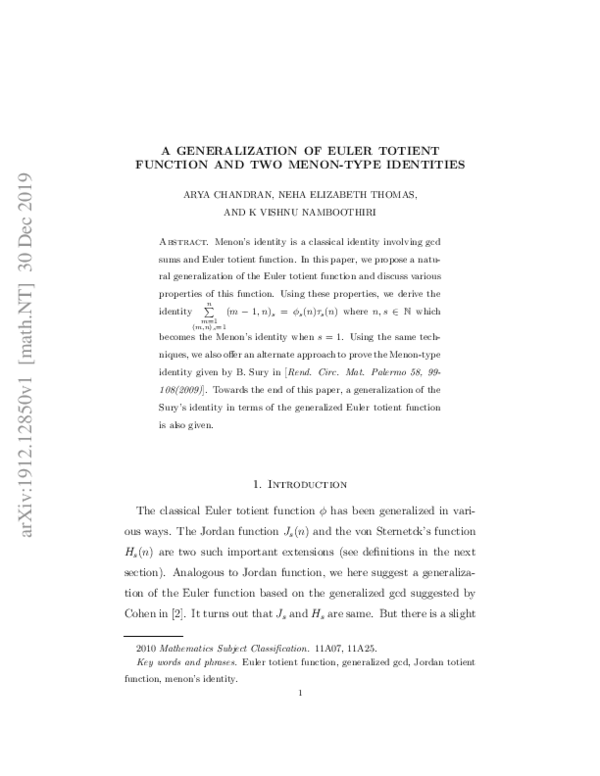 (PDF) A Generalization of Euler totient function and two Menon-type ...