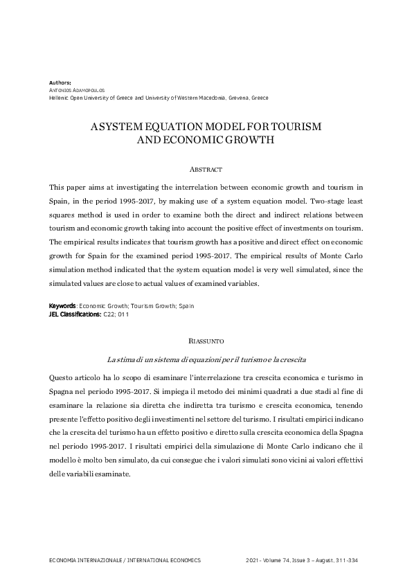 (PDF) A System Equation Model for Tourism and Economic Growth