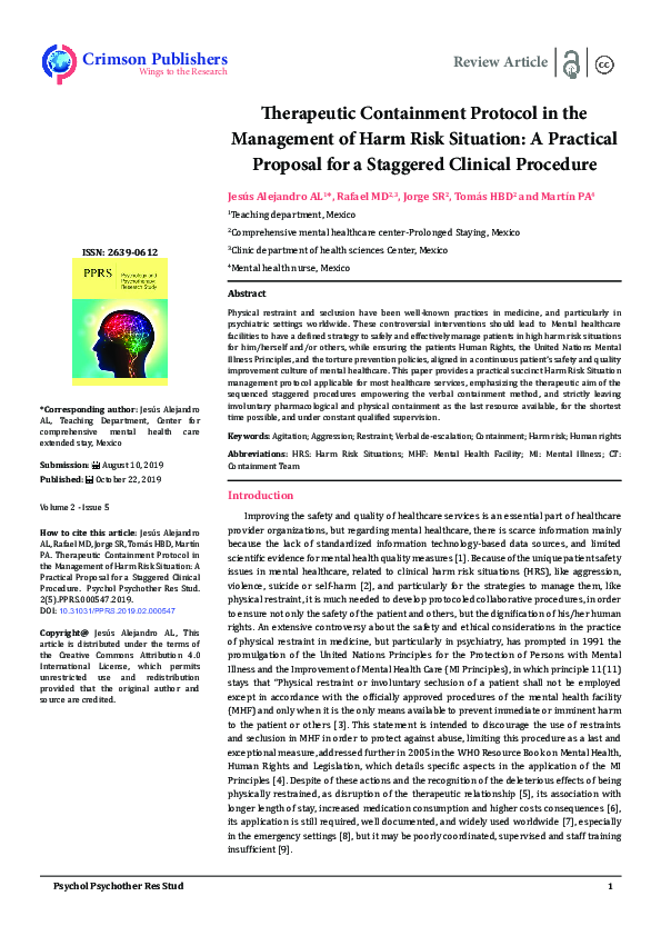 (PDF) Therapeutic Containment Protocol in the Management of Harm Risk Situation: A Practical ...