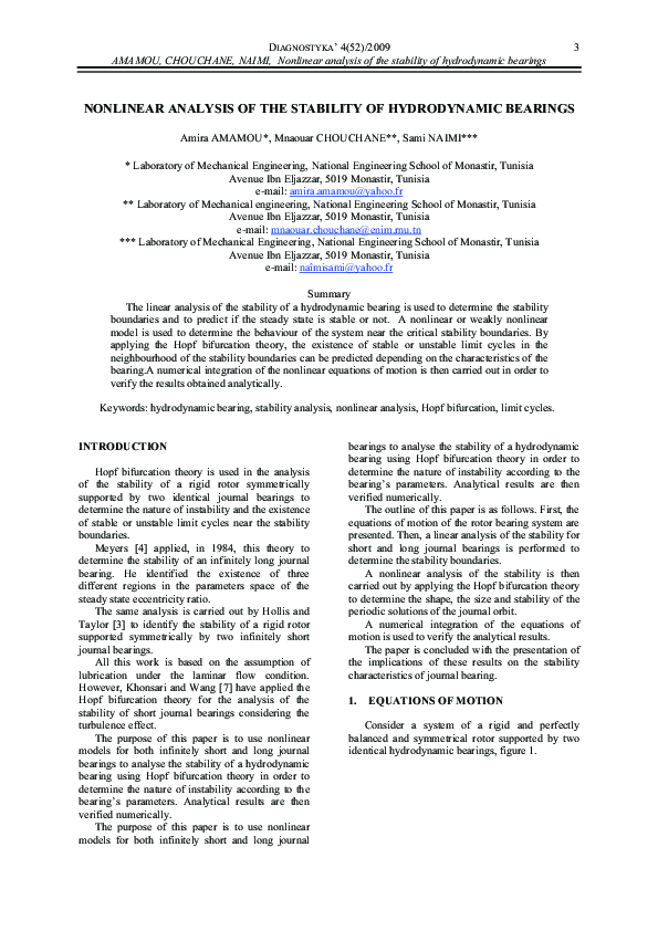 (PDF) Nonlinear analysis of the stability of hydrodynamic bearings