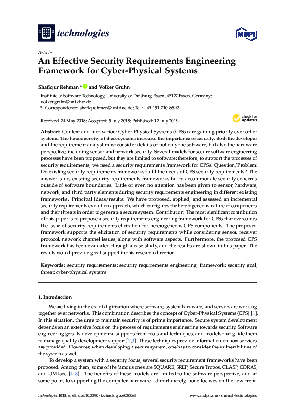 (PDF) An Effective Security Requirements Engineering Framework for Cyber-Physical Systems ...