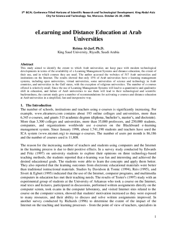 (PDF) ELearning and Distance Education at Arab Universities - final paper