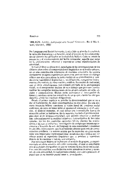 (PDF) Milroy, Lesley. Language and social networks. Oxford : Basil ...