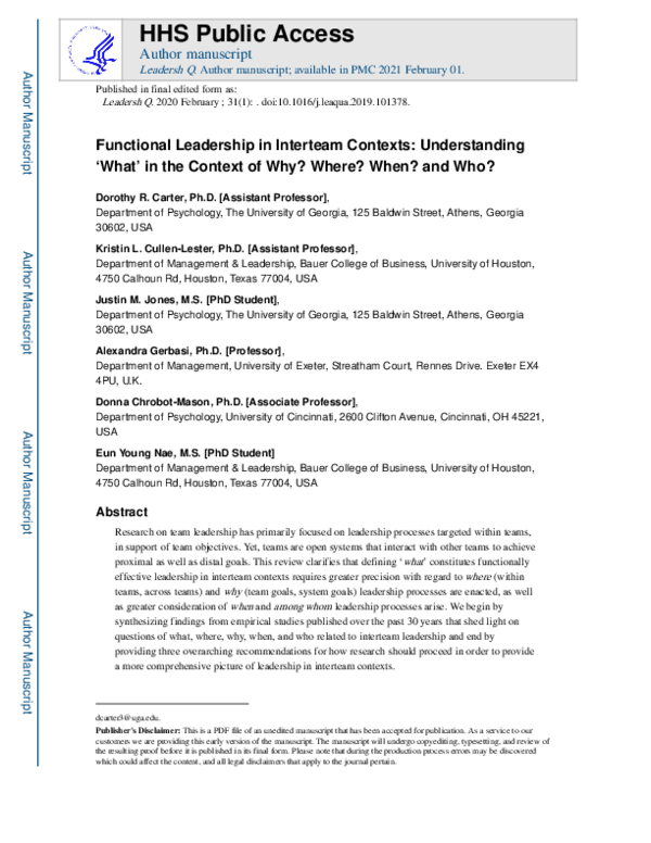 (PDF) Functional leadership in interteam contexts: Understanding ‘what ...